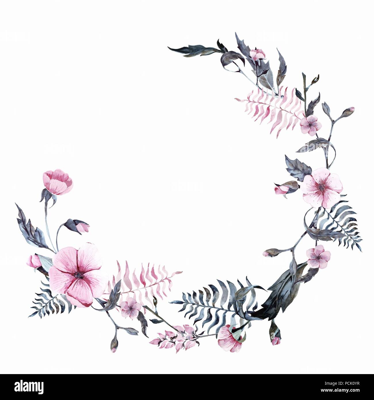 watercolor floral pink wreath hand drawn clip art Stock Photo - Alamy