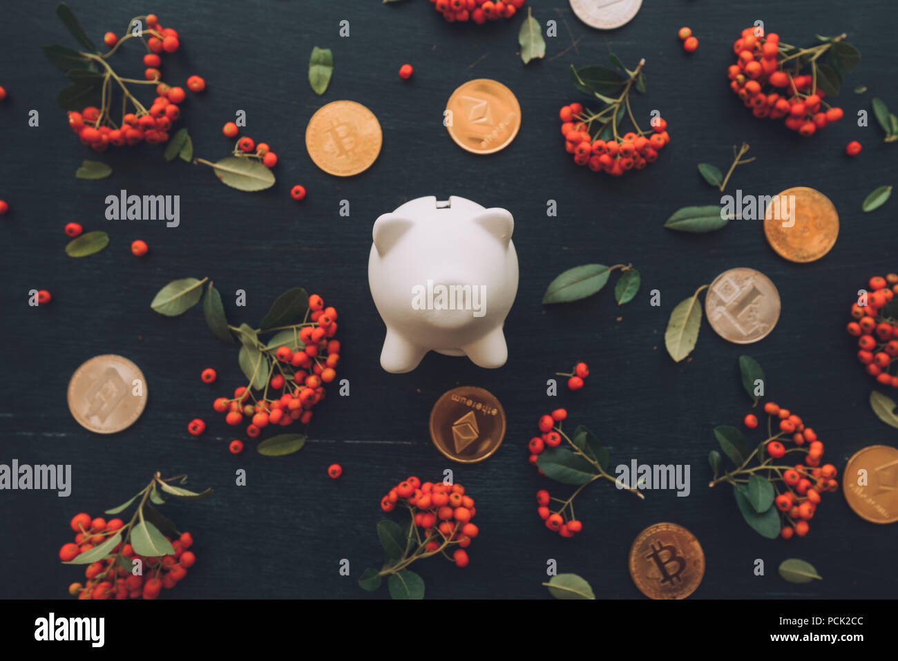 Flat lay piggy coin bank and cryptocurrency coins on dark wooden ...