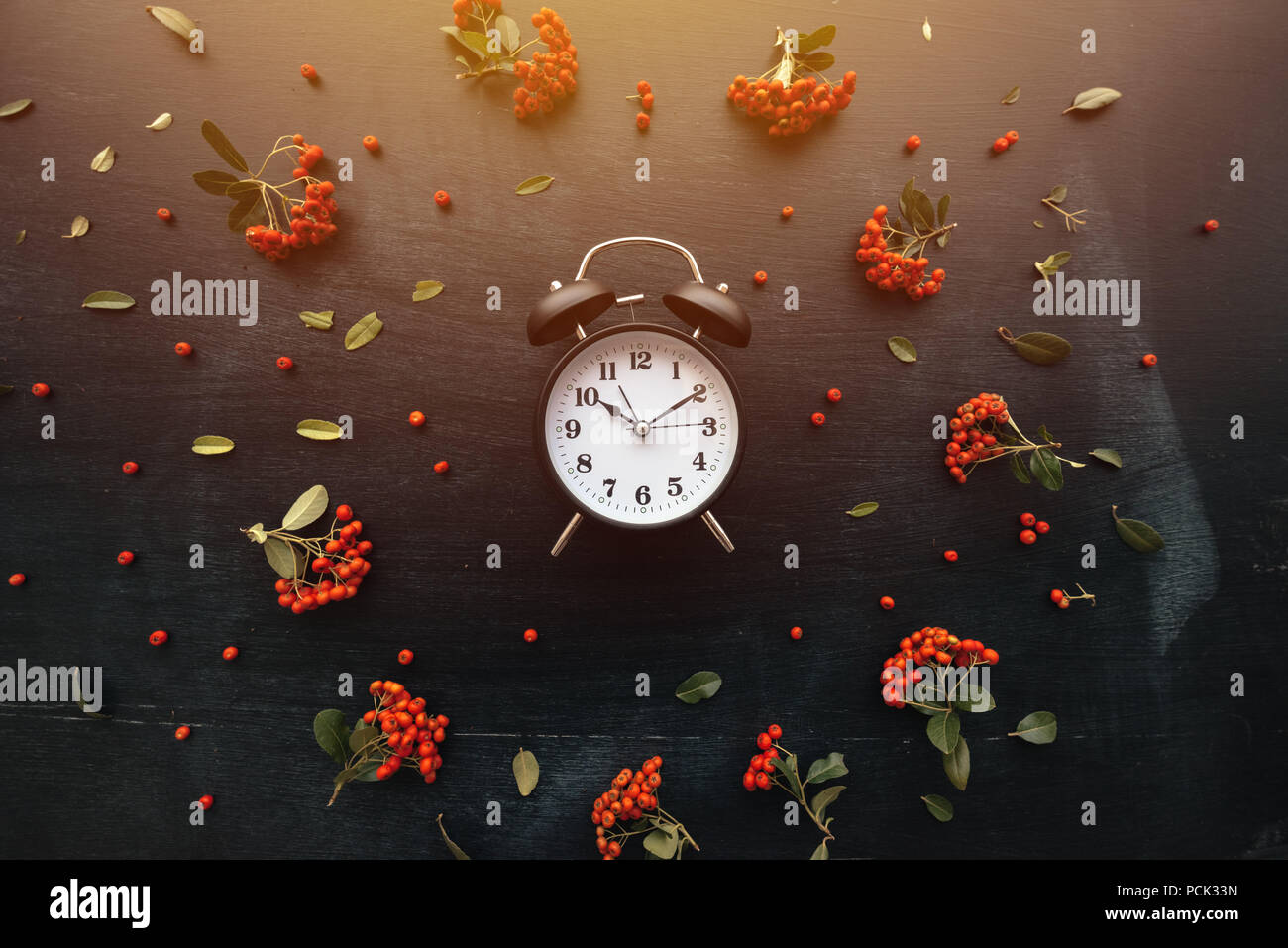 Ten past ten on alarm clock, flat lay top view minimal composition of ...