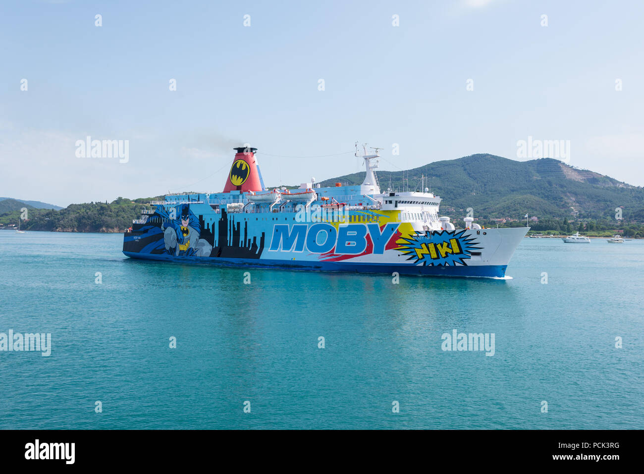 The Moby Line passenger ferry Moby Niki arrives at Portoferraio harbour ...