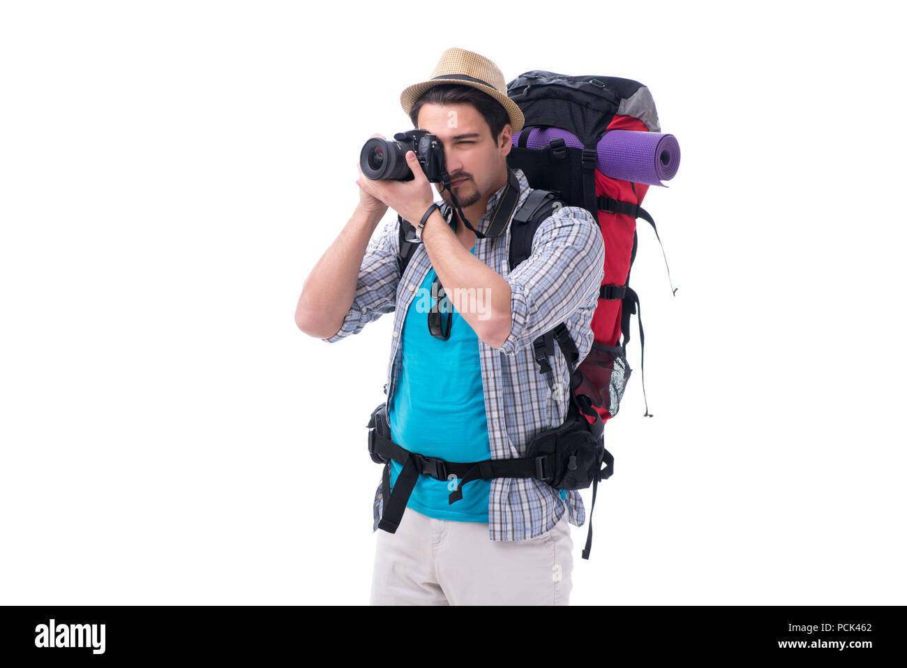 Backpacker with camera isolated on white background Stock Photo - Alamy