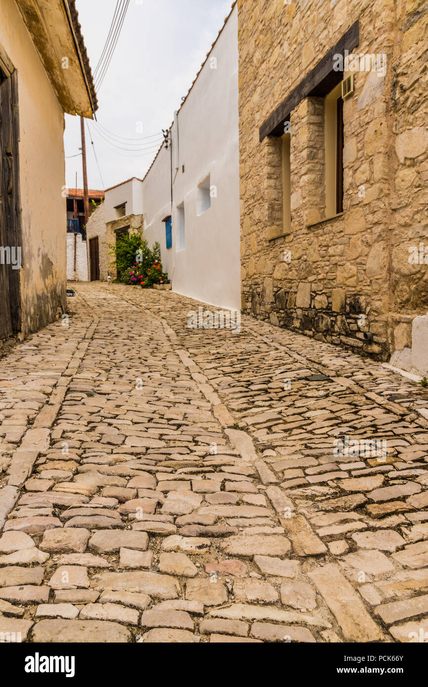 Lania, Cyprus. May 2018. A typical view of the picturesque streets in ...