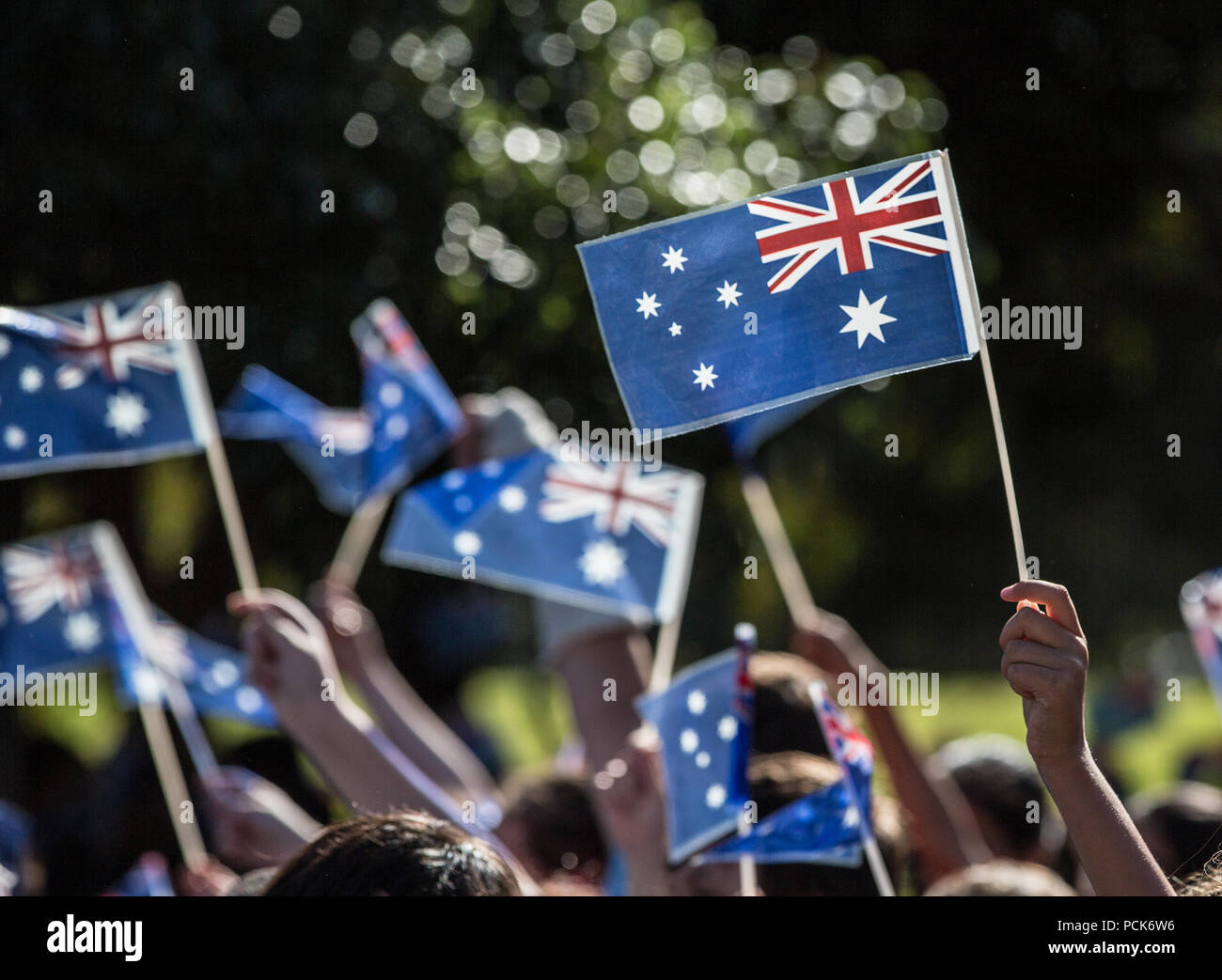 Australian flags being waved by school children Stock Photo - Alamy