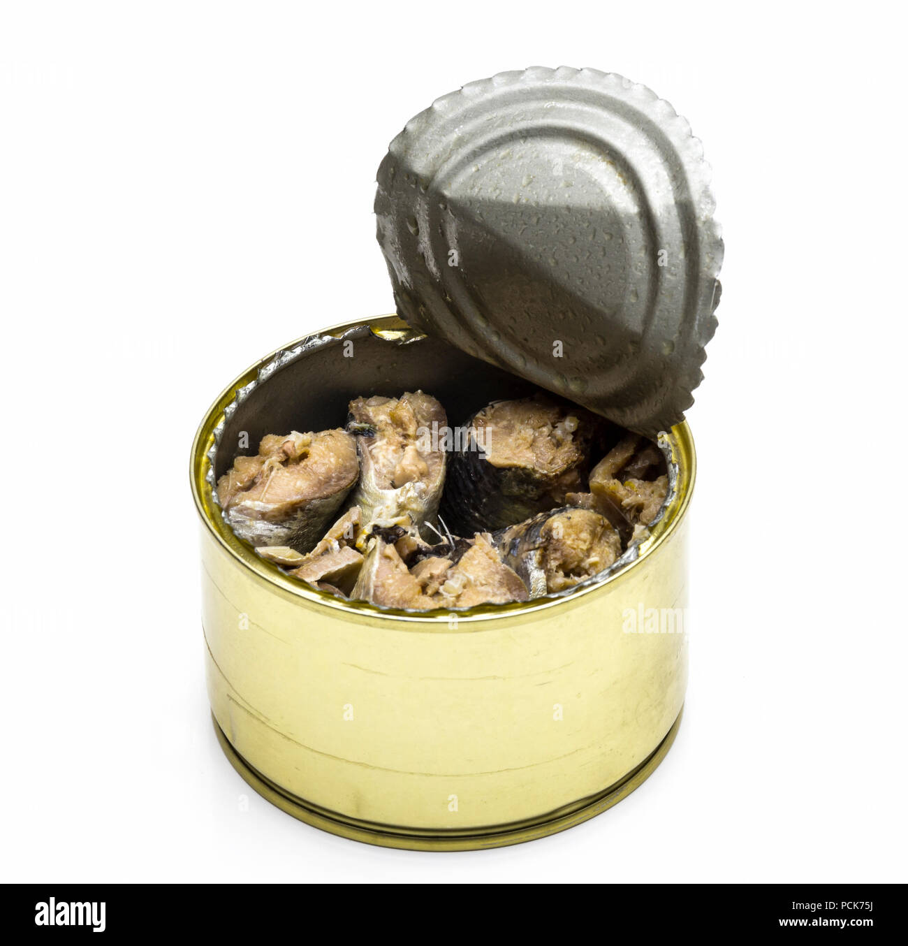 Open tin can with fish on a white background close-up Stock Photo - Alamy