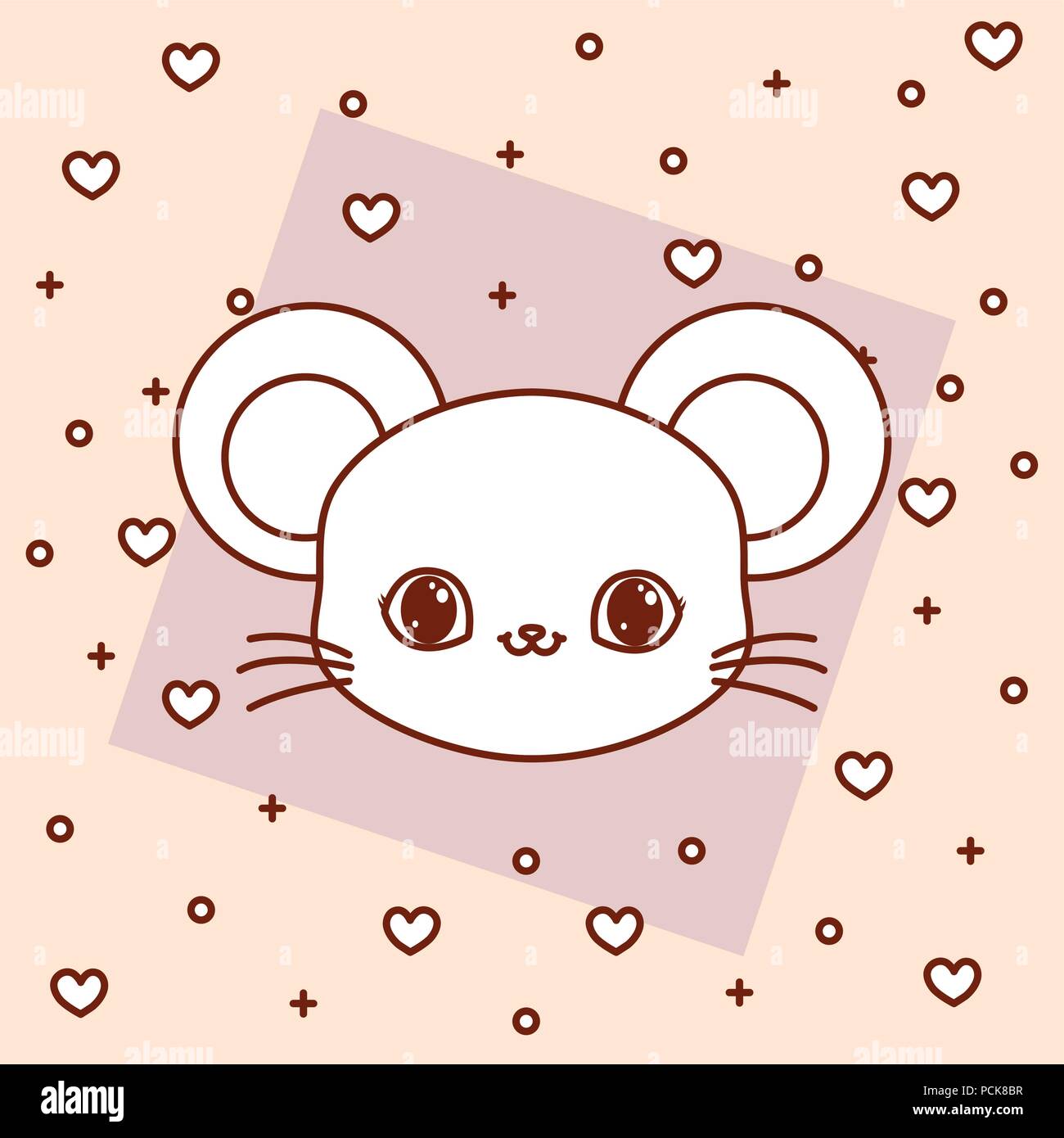 kawaii mouse icon and hearts around over background, colorful line ...