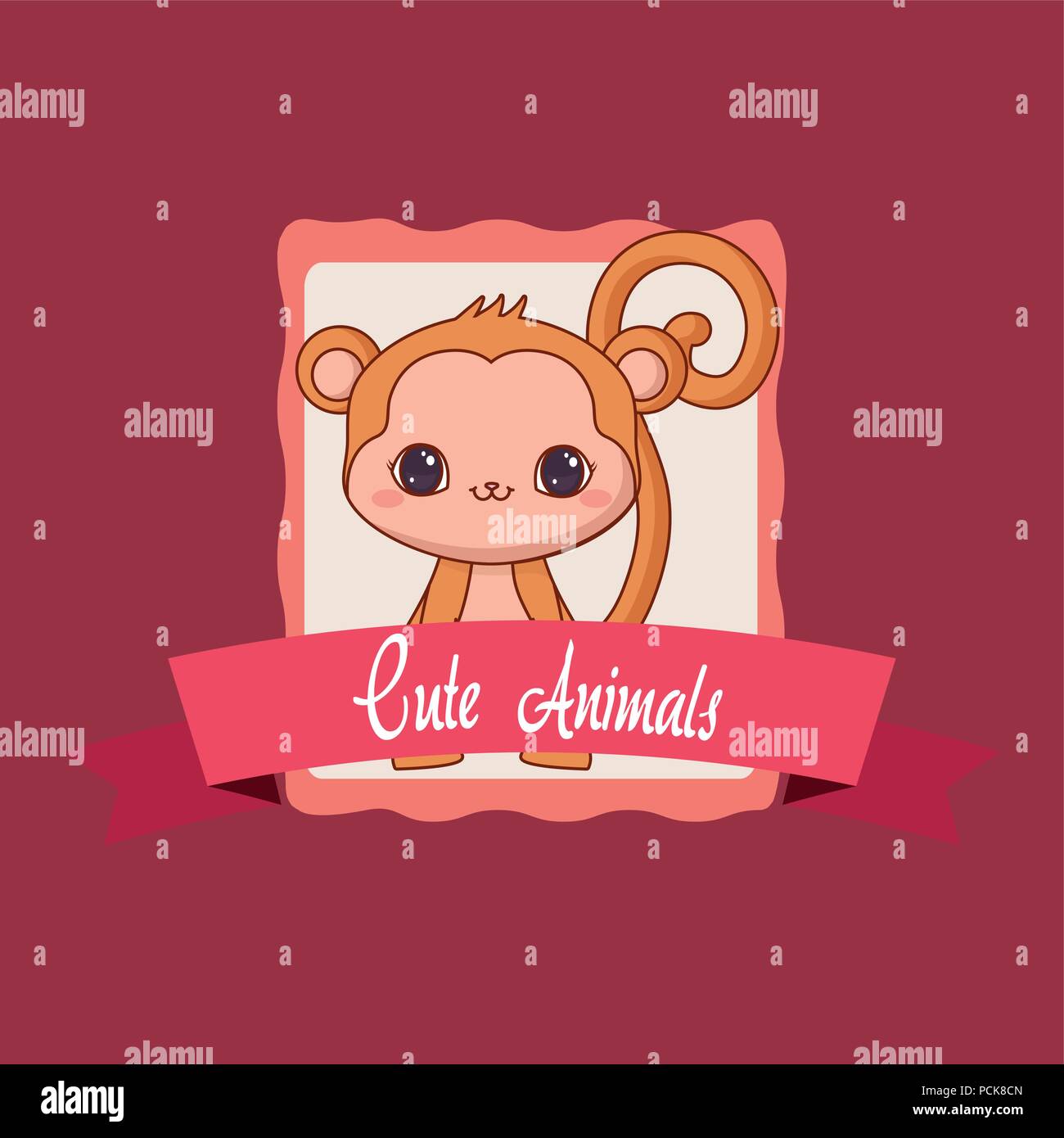cute animals emblem with decorative ribbon and monkey icon. colorful ...