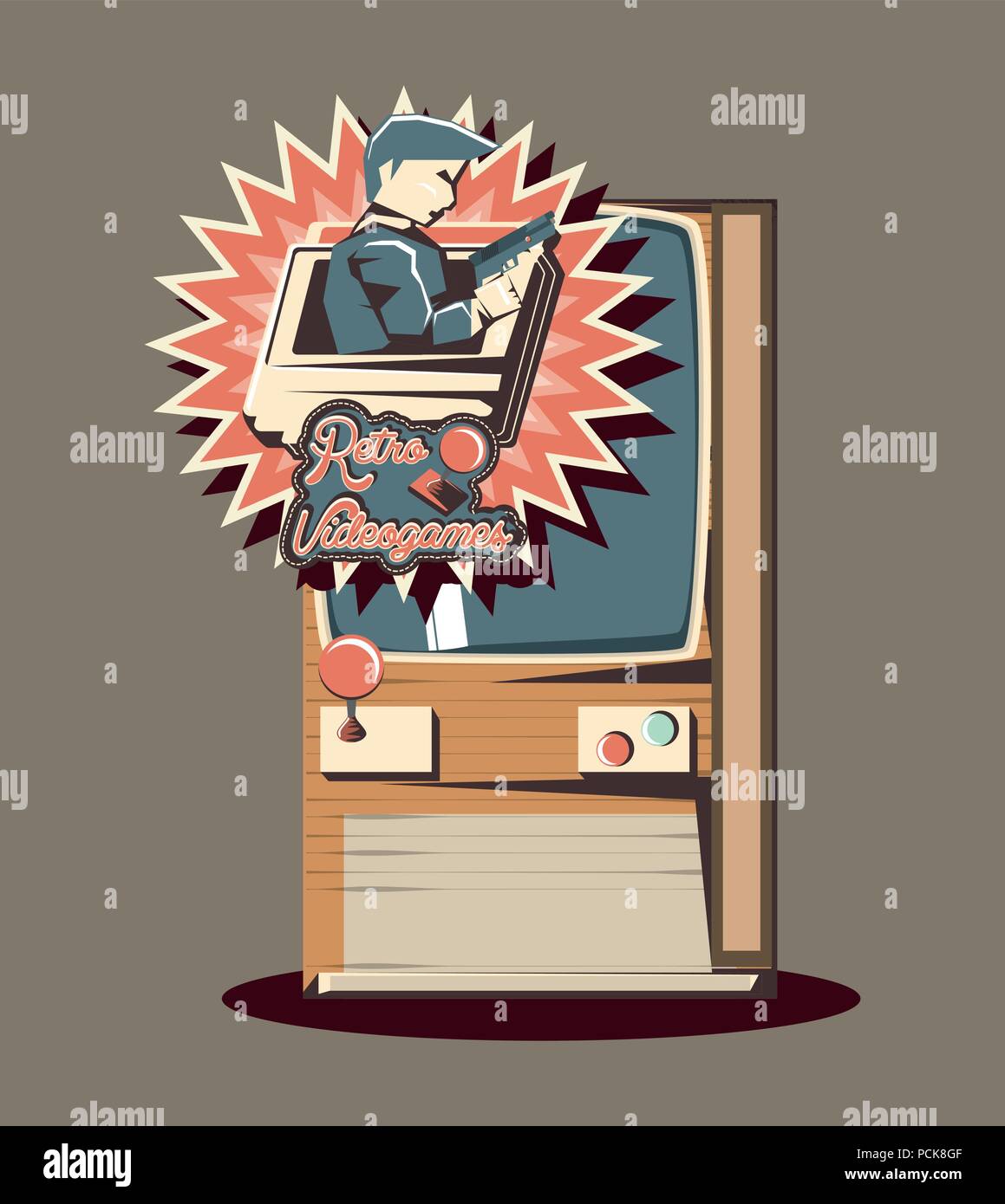 Arcade machine and retro videogames related icons over brown background ...