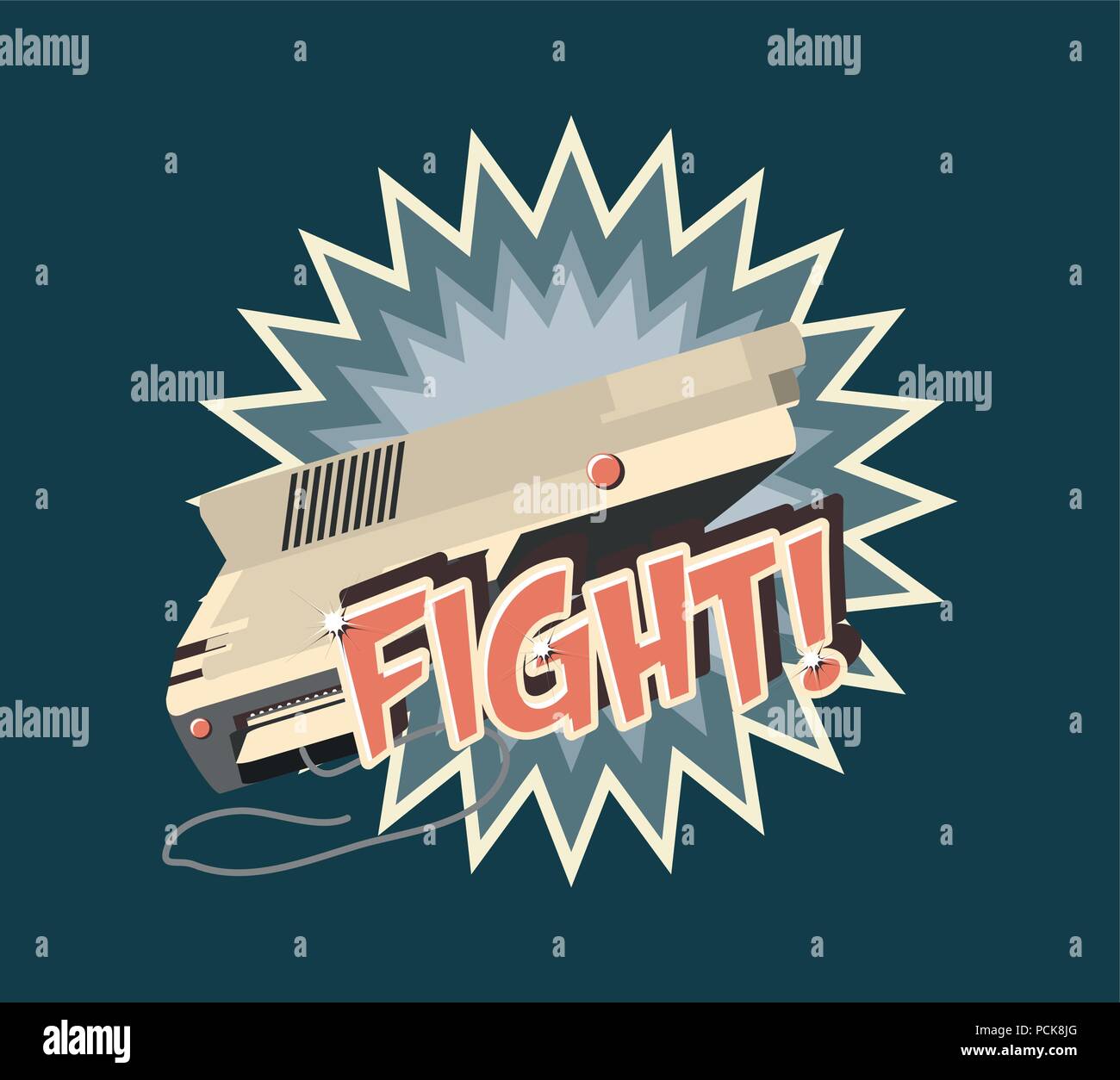 retro videogames design with fight word and flash gun icon over blue ...