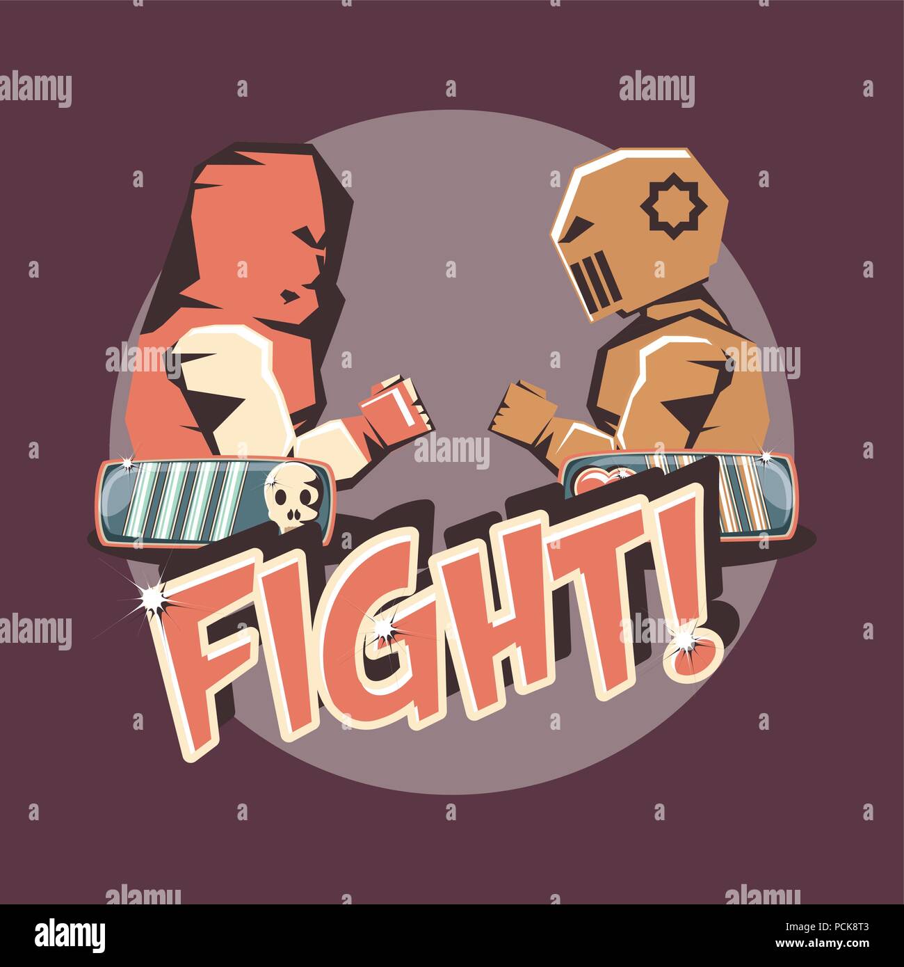 retro videogames design with boxer and robot fight character over brown ...