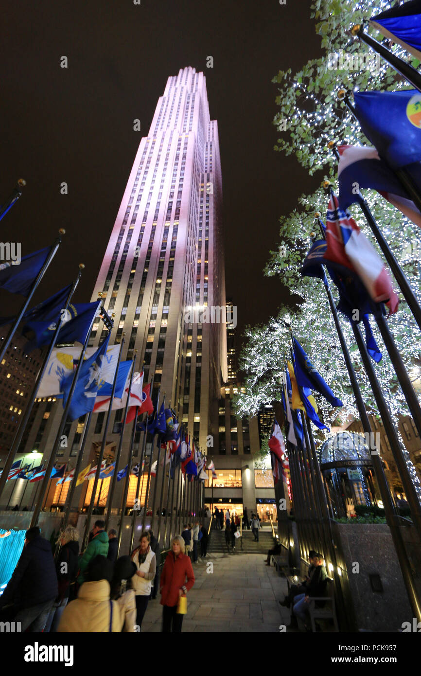 Night view of the Rockefeller Center in Manhattan, New York City, NY ...
