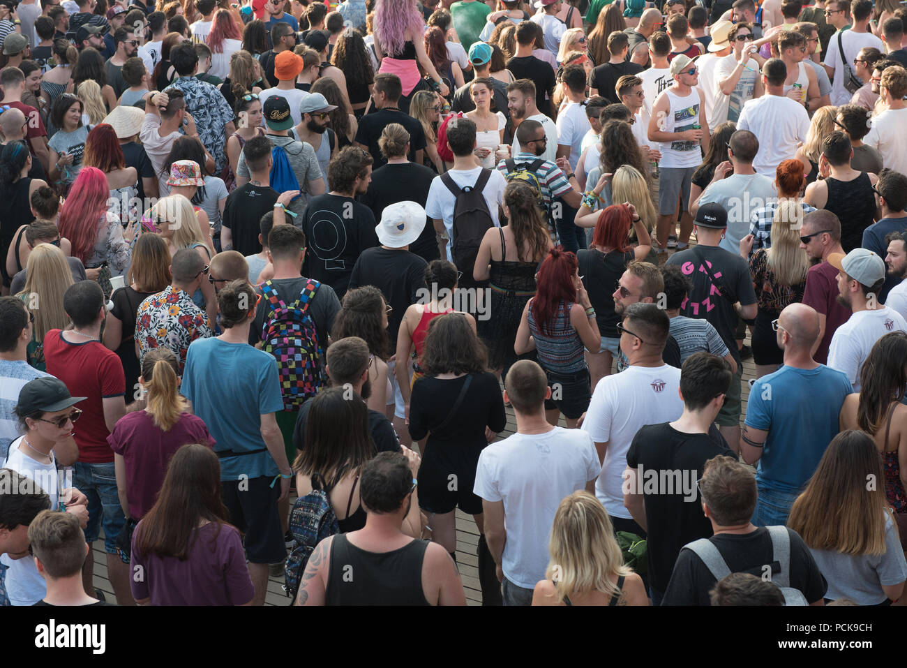 BONTIDA, ROMANIA - JULY 20, 2018: Crowd of partying people dancing ...