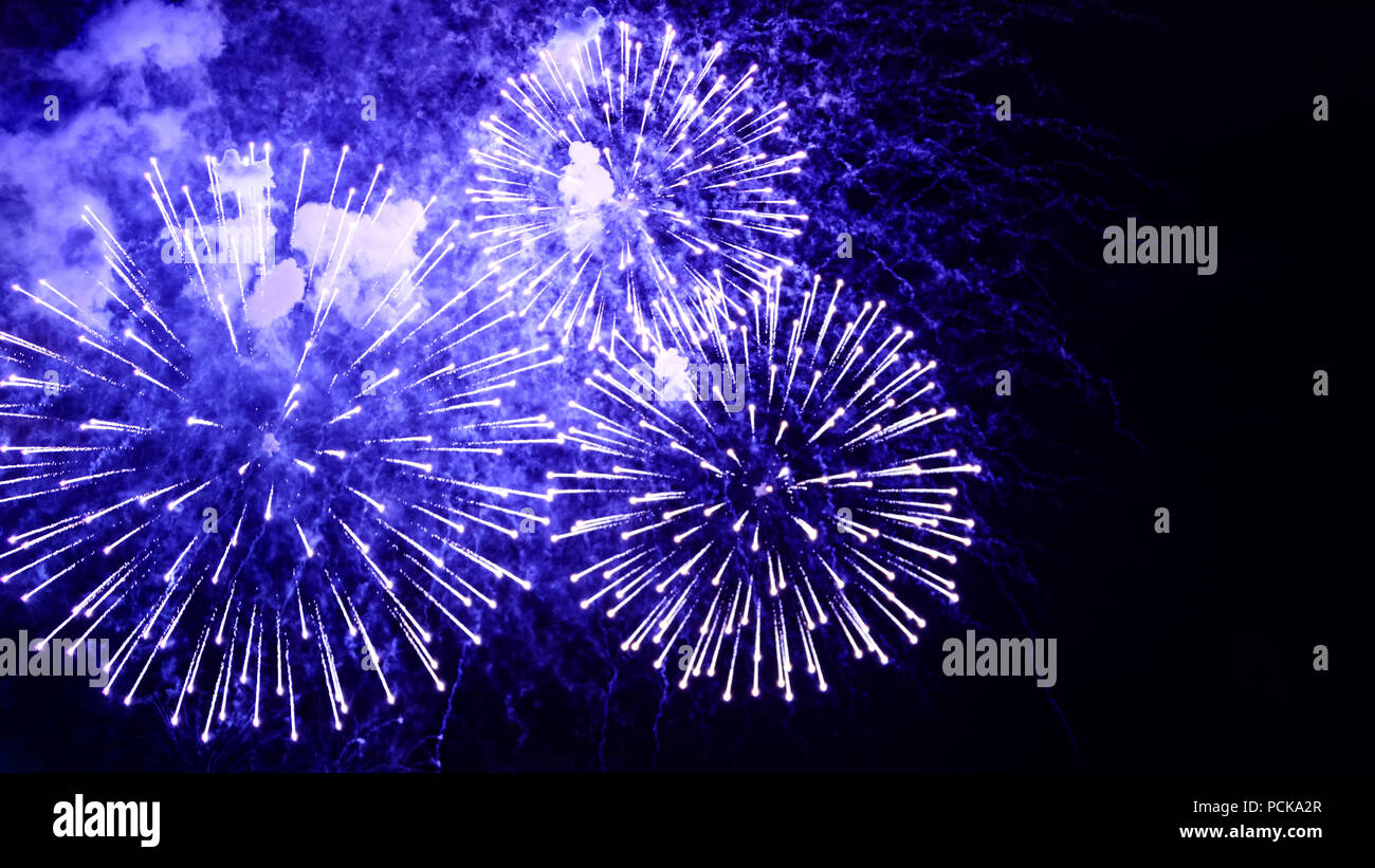 Amazing fireworks flowers on the night sky. Brightly blue fireworks on ...