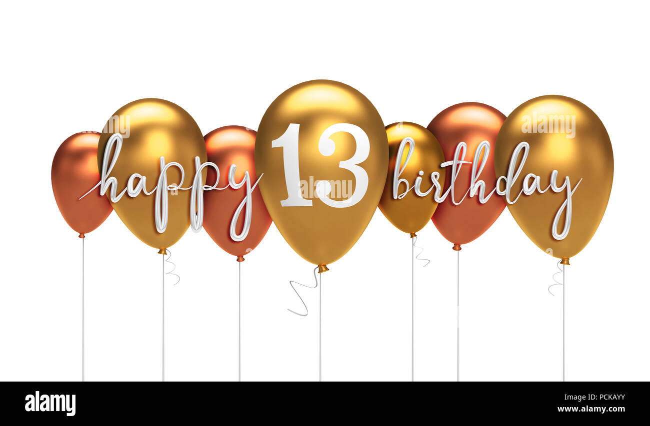 Happy 13th birthday gold balloon greeting background. 3D Rendering ...