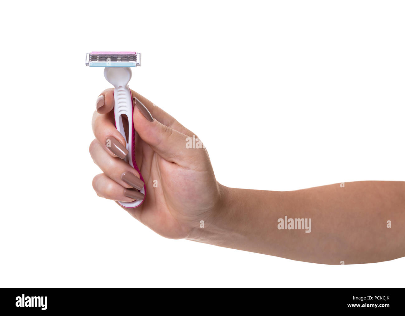 disposable razor in a female hand on white isolated background Stock ...