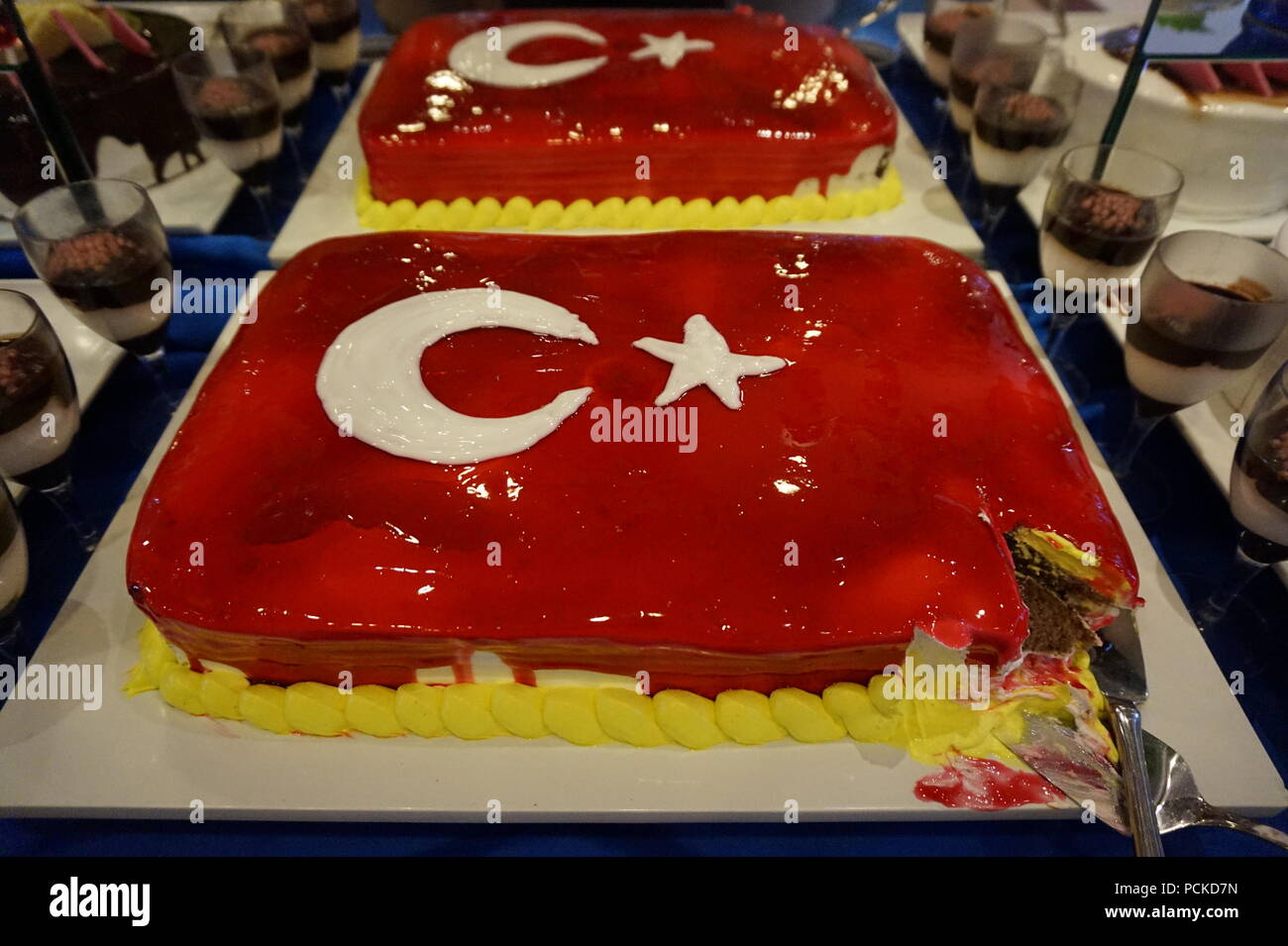 Cake with icing painted Turkish flag, restaurant food concept in the ...