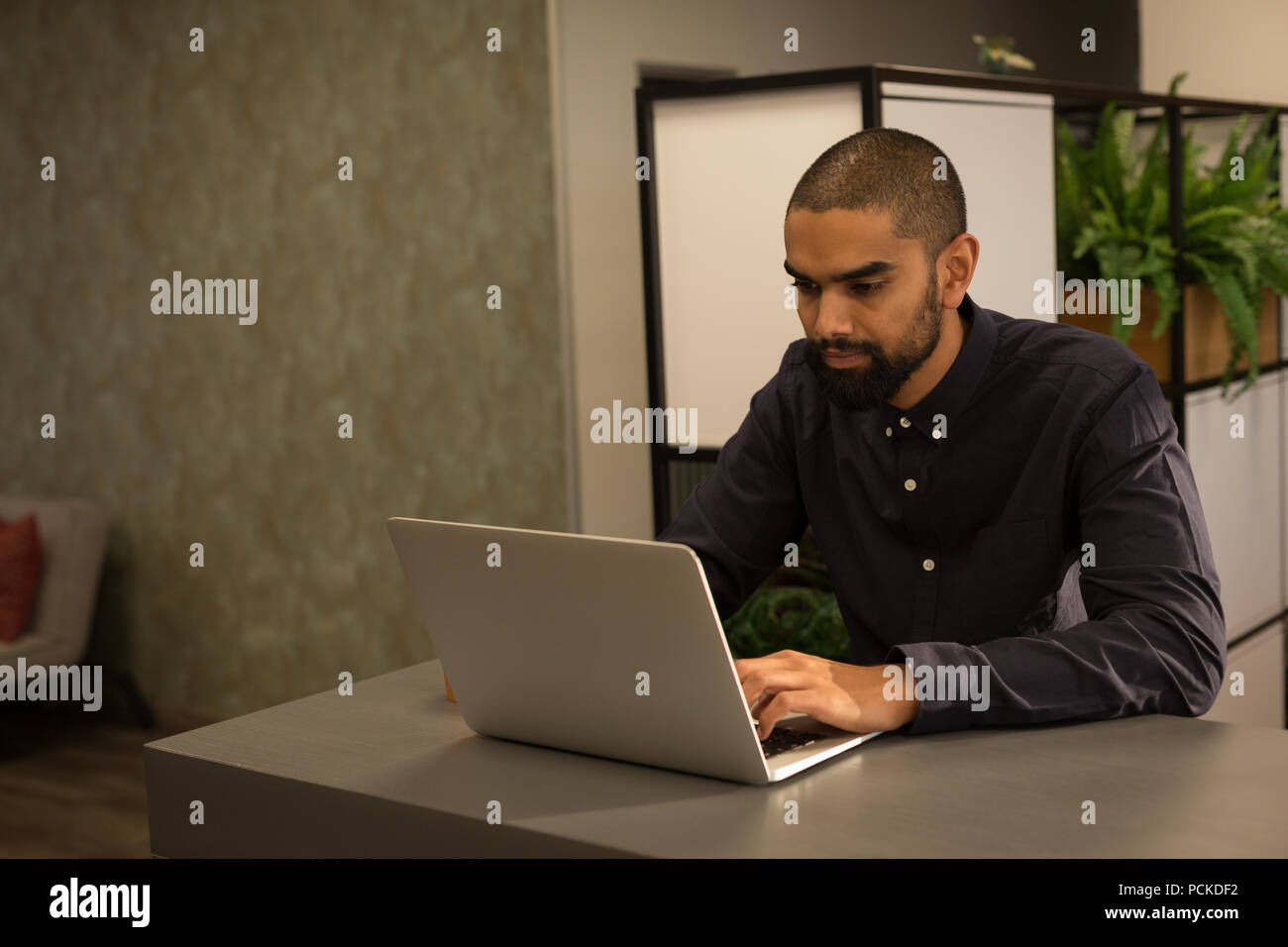 Male executive working on laptop in cafeteria Stock Photo - Alamy
