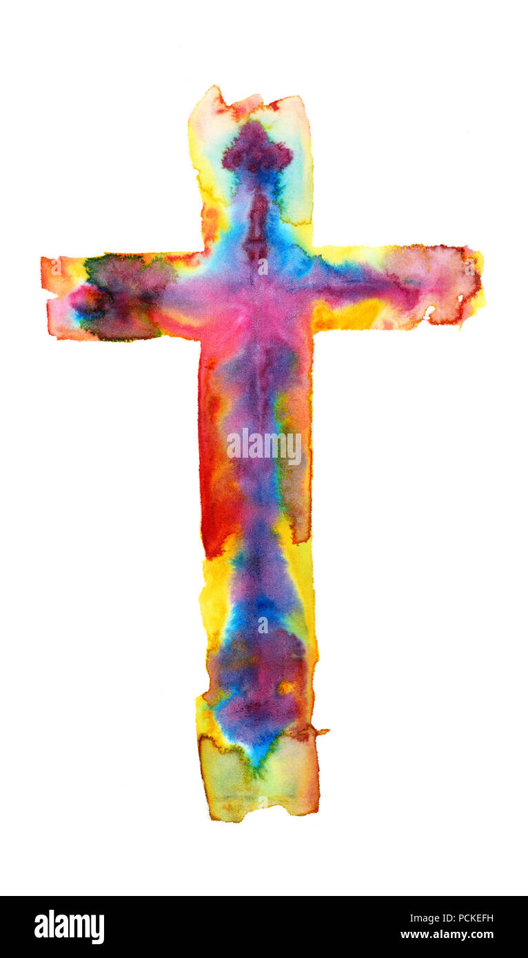 The colorful, multicolor watercolor illustration of a cross isolated on ...