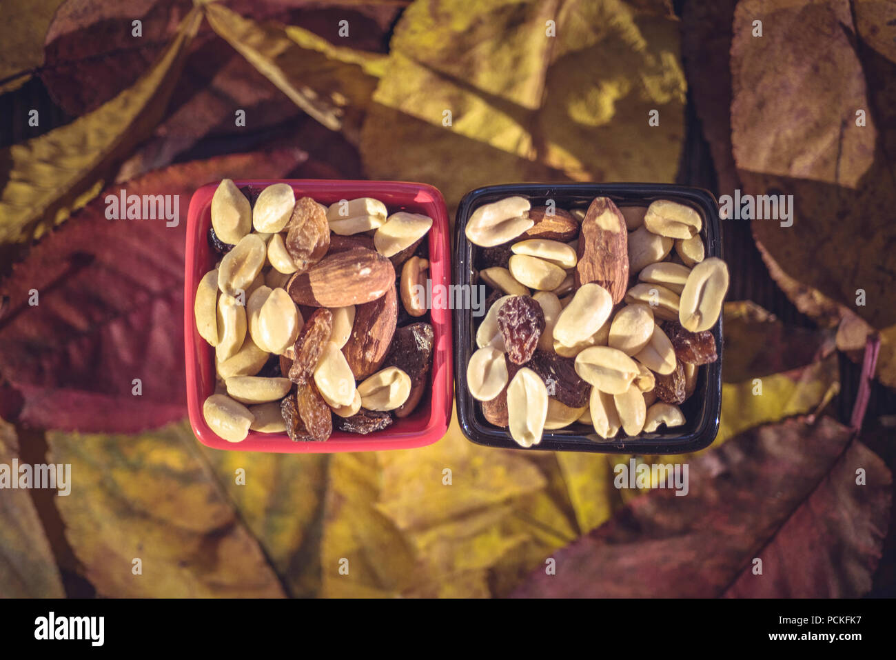 Different types of nuts in small bowls over autumn leaves. Harvest ...
