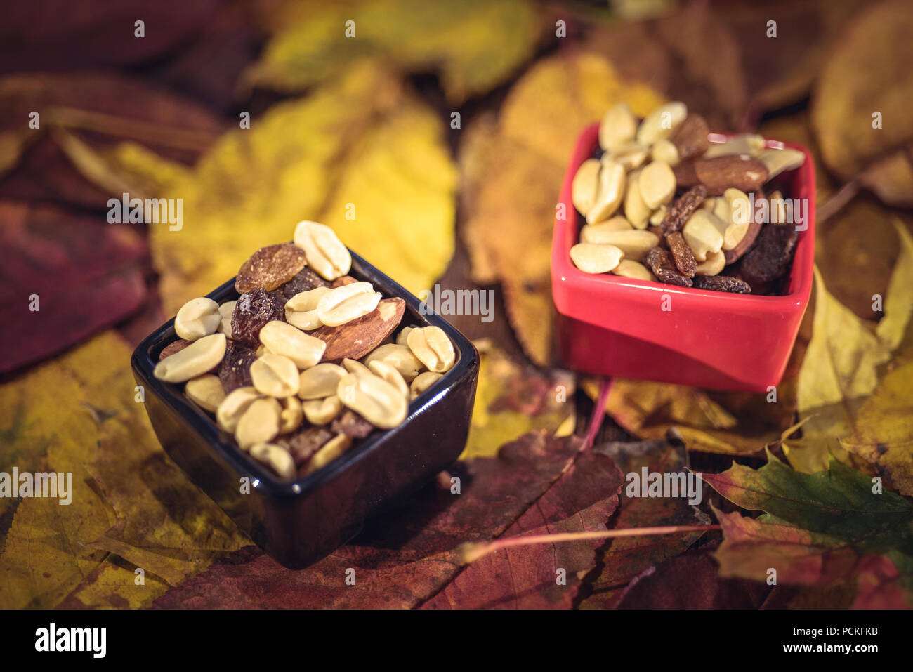Different types of nuts in small bowls over autumn leaves. Harvest ...