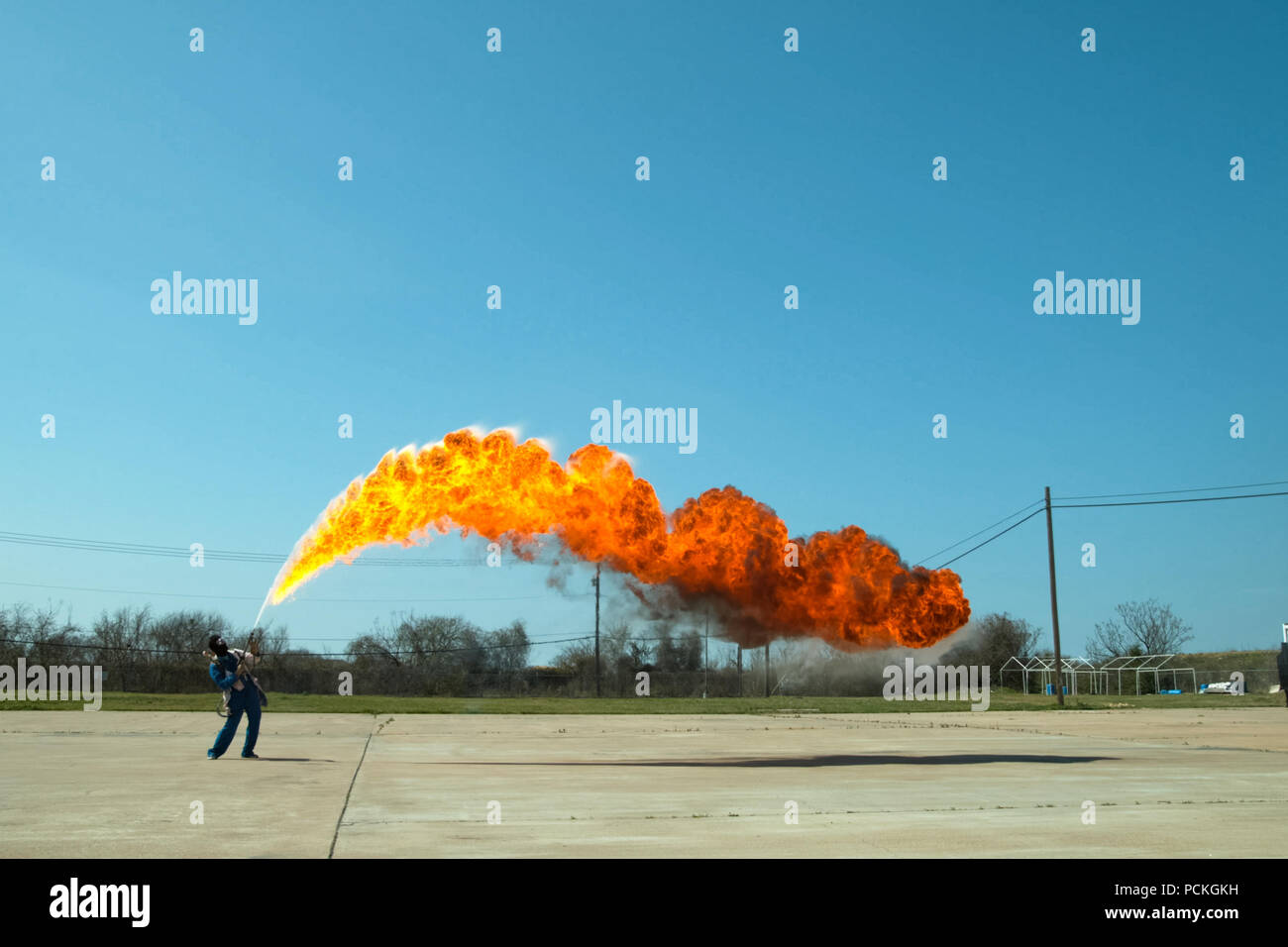 Flamethrower in action. Flamethrower operational test Stock Photo - Alamy