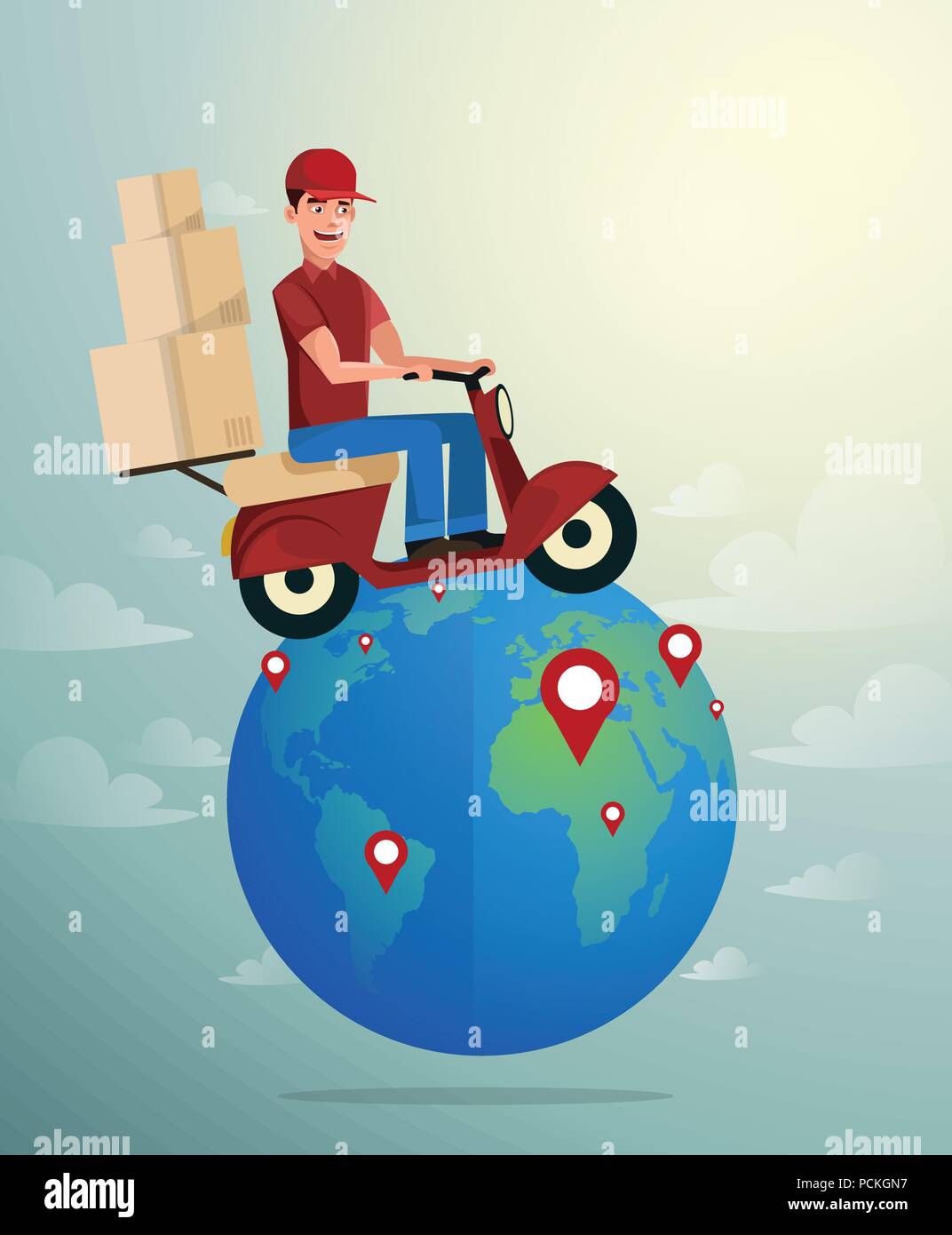 World Wide Delivery. Vector illustration of Delivery man and a world ...