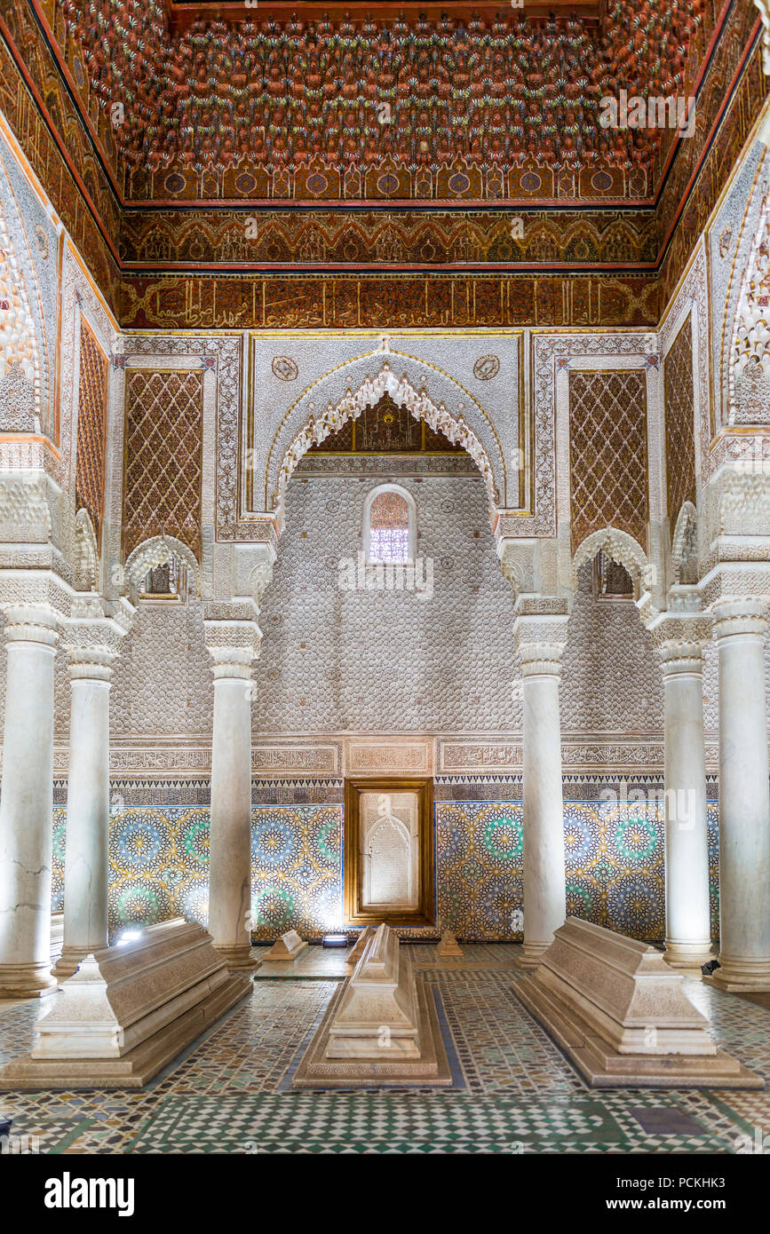 Ornate mausoleum, white marble pillars, Arabic ornaments, Saadian tombs ...