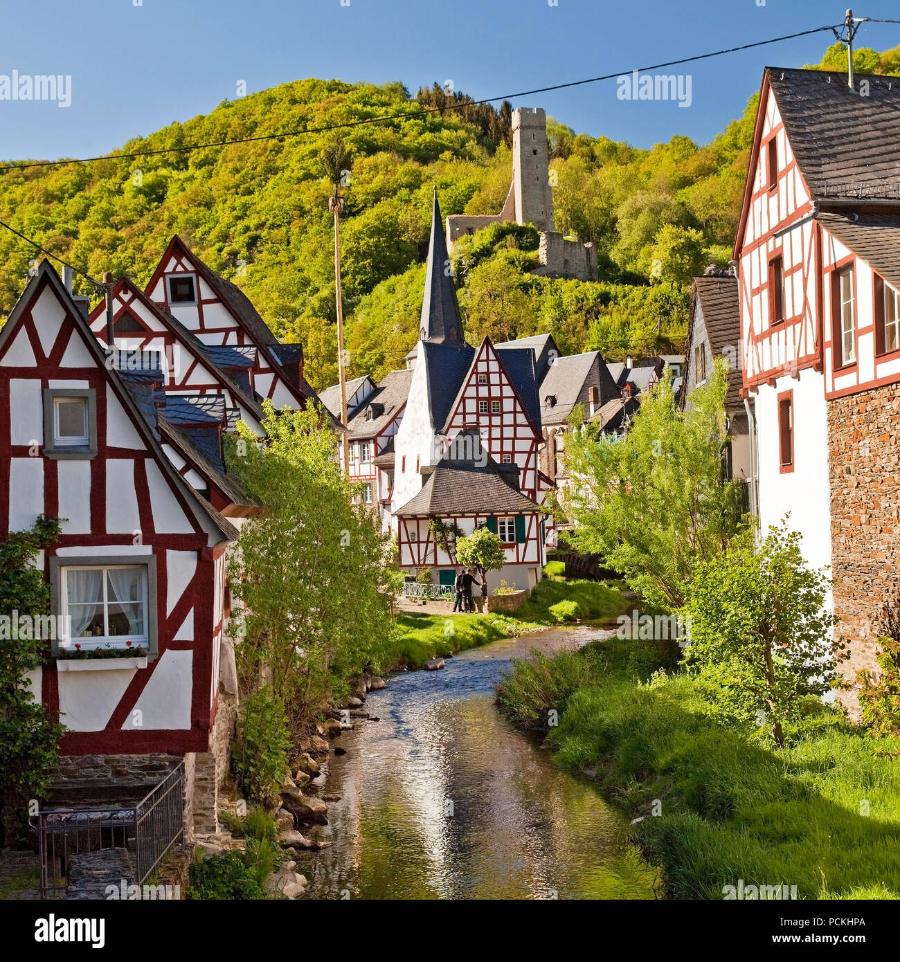 Historic town center with half-timbered houses on Elzbach and the ruins ...