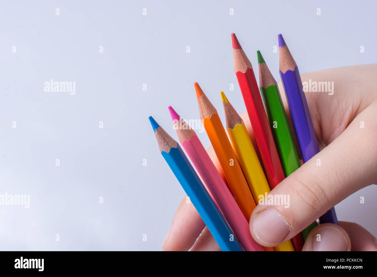 Hand holding color Pencils placed on a white background Stock Photo - Alamy