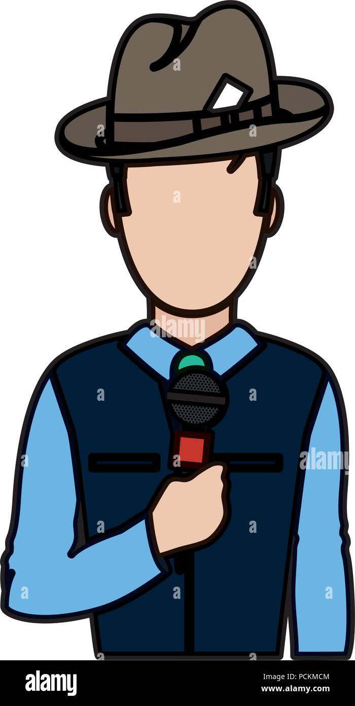 color elegant journalist with hat and microphone equipment Stock Vector ...
