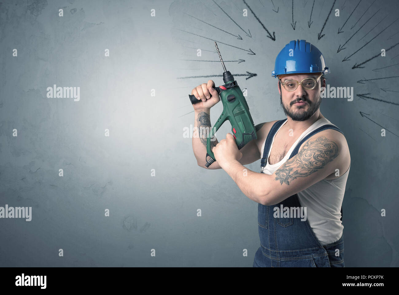 Working man with tools in his hand and arrows above his head Stock ...