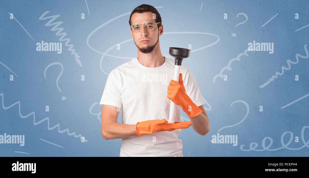 Swabber with orange rubber gloves and doodle concept on wallpaper Stock ...