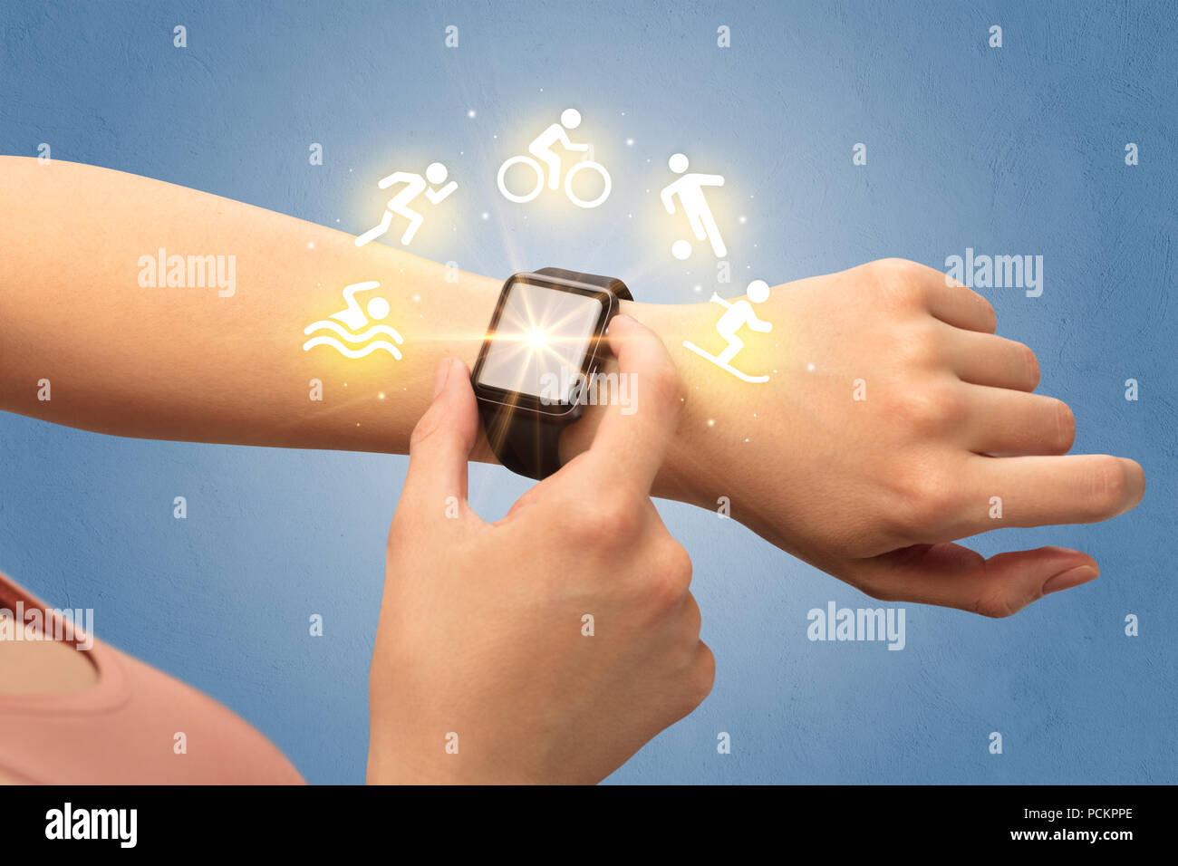 Female hand with smartwatch and sport concept Stock Photo - Alamy