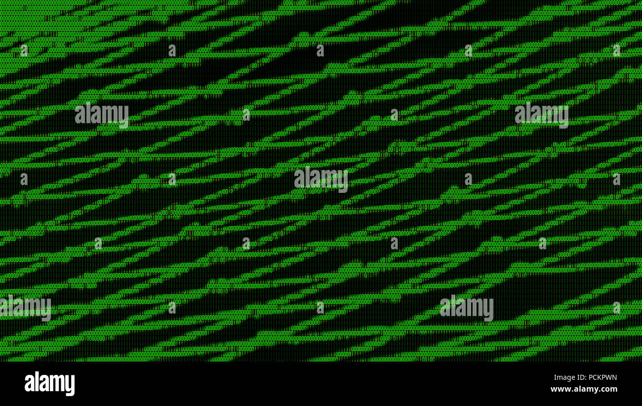 Binary network texture of digital data. Green mesh, digits one, zero. Dark black background ...