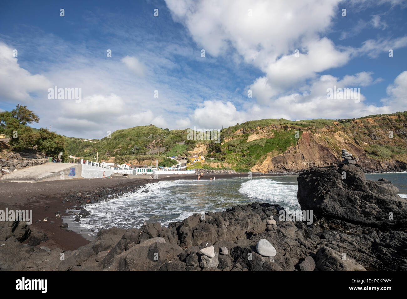 Tourist in the Praia dos Mosteiros, Mosteiros Beach, Mosteiros, Sao ...
