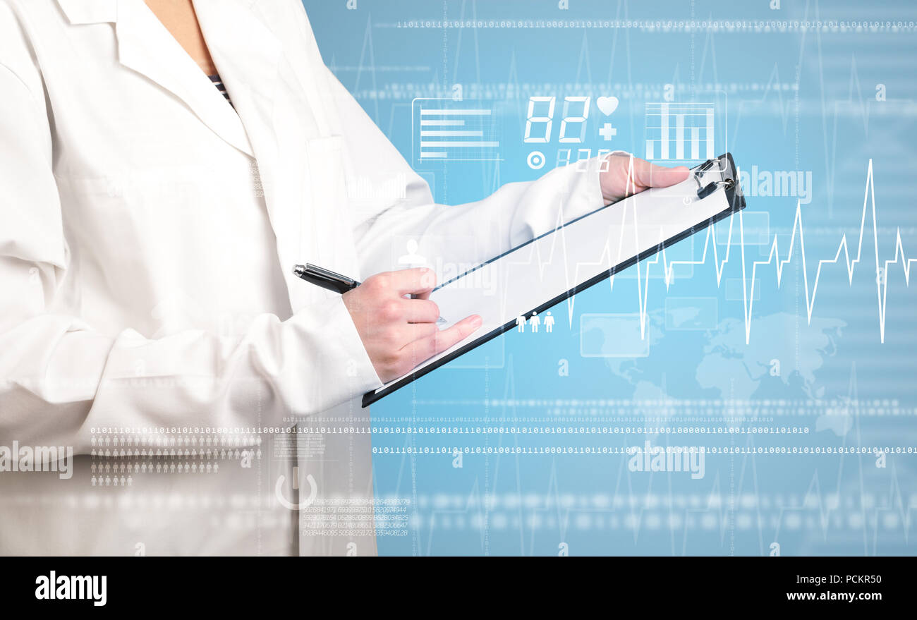 Female doctor holding notepad with blue background and heart related ...