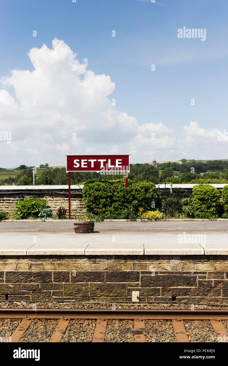 Sign on Settle railway station, on the famous Settle to Carlisle route ...