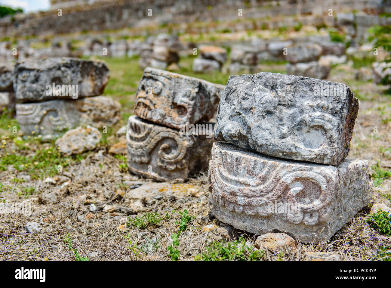 Detail of stones recovered in the ruins at Kabah, Yucatan Peninsula ...