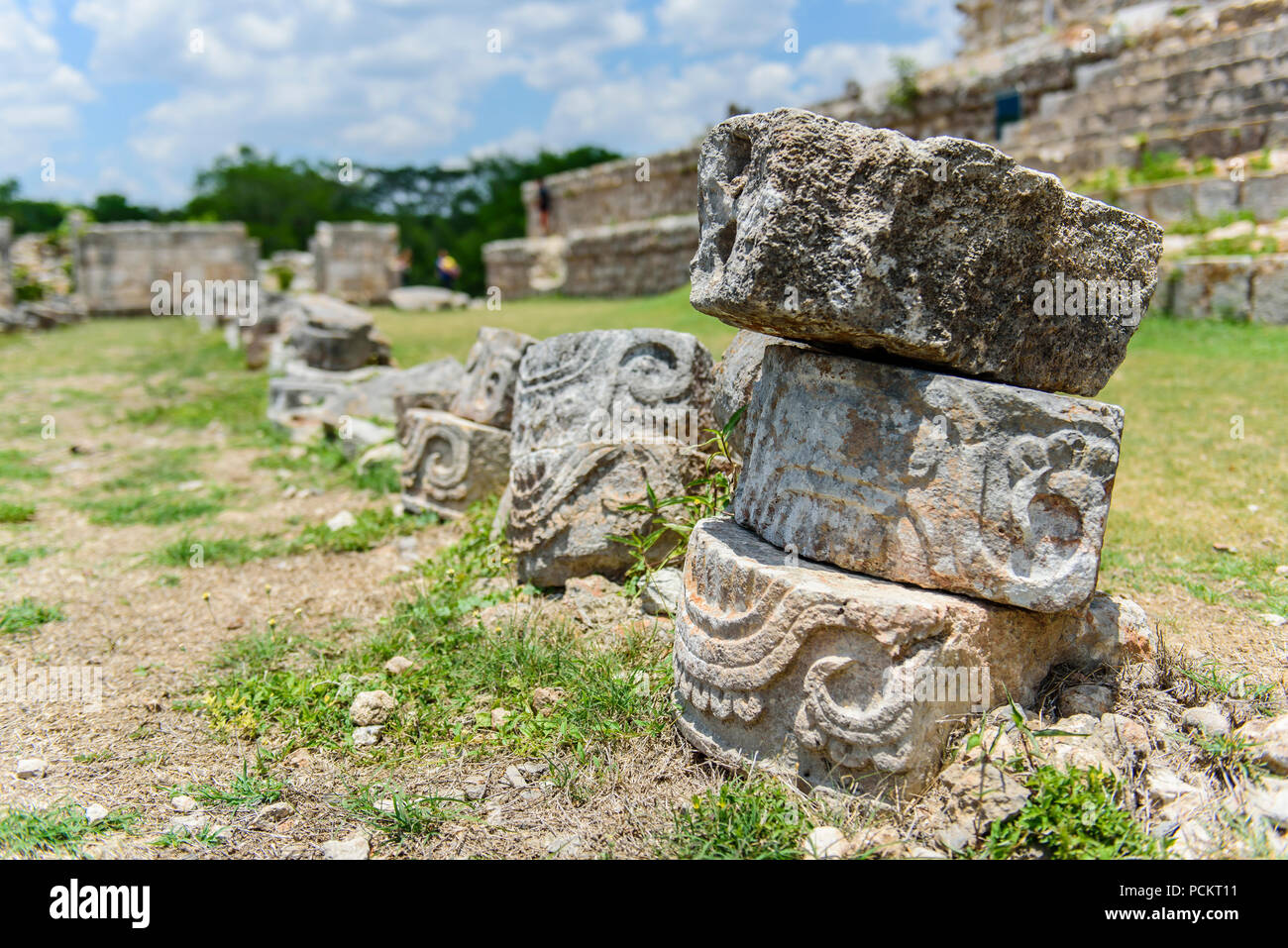 Detail of stones recovered in the ruins at Kabah, Yucatan Peninsula ...