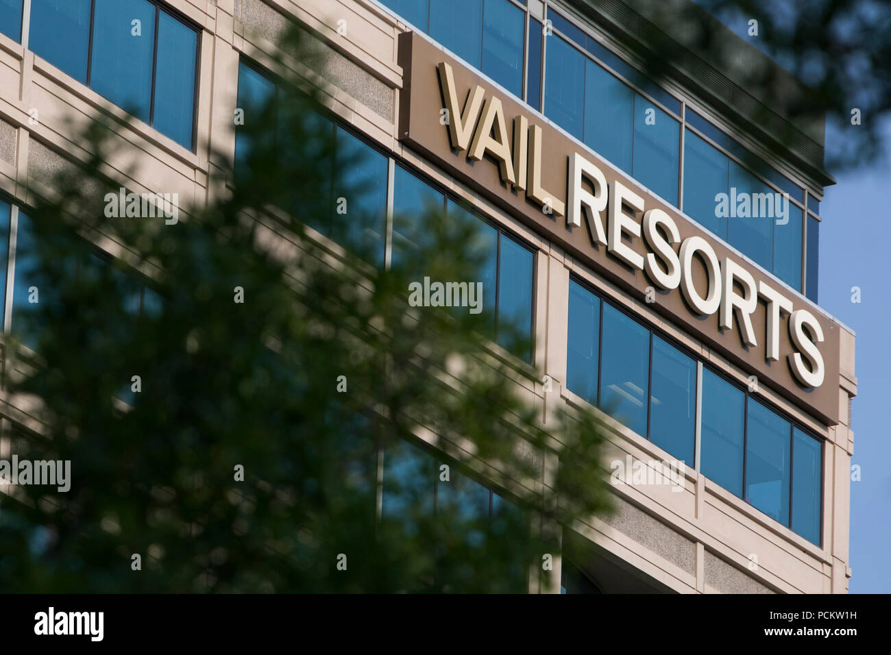 A logo sign outside of the headquarters of Vail Resorts, Inc., in ...