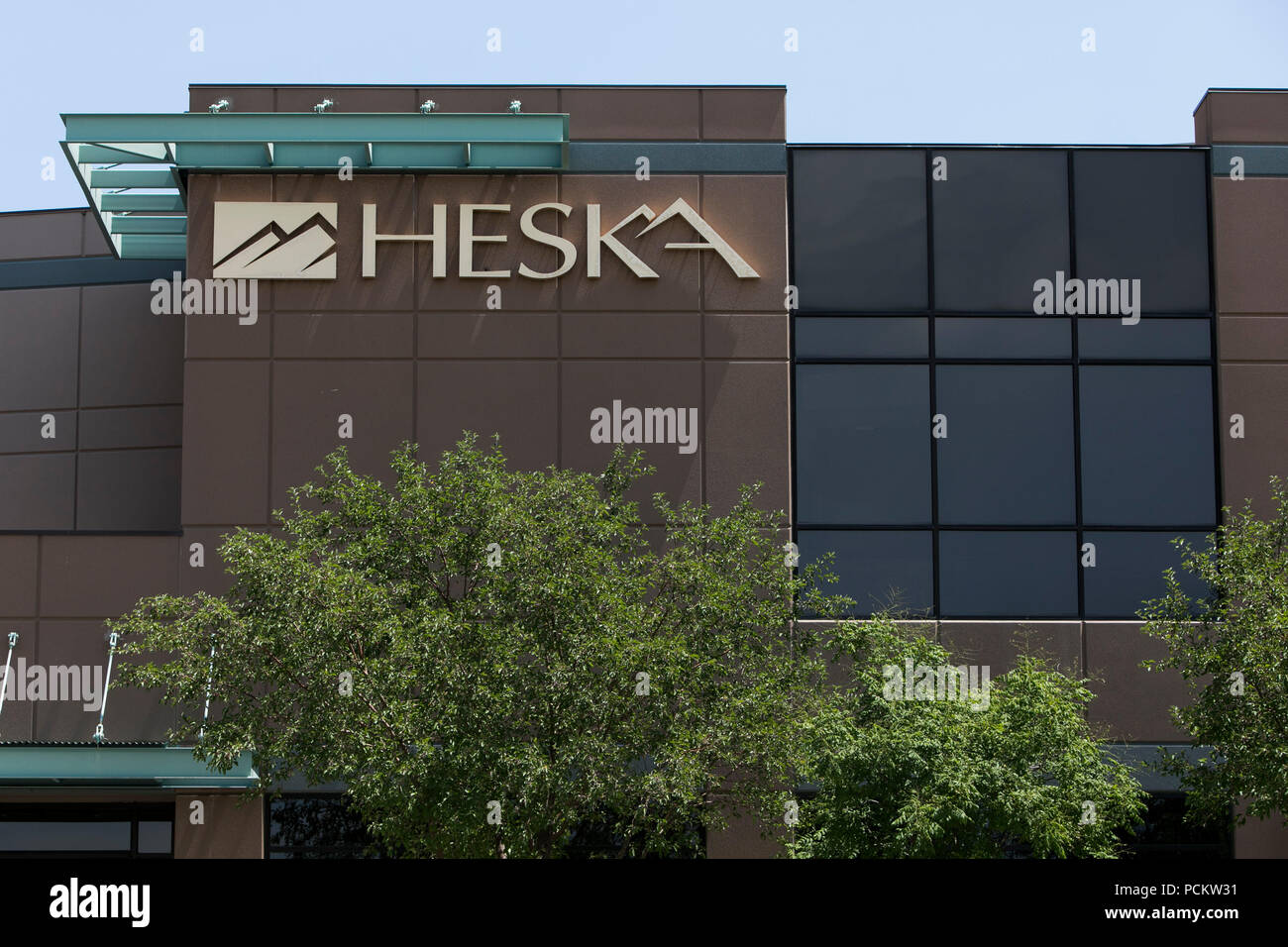 A logo sign outside of the headquarters of Heska in Loveland, Colorado ...