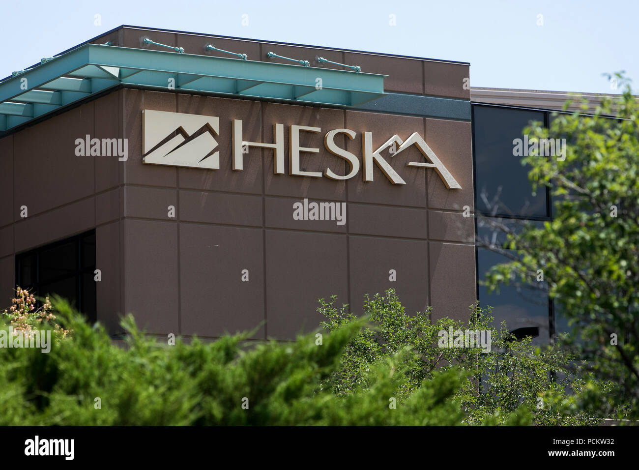 A logo sign outside of the headquarters of Heska in Loveland, Colorado ...