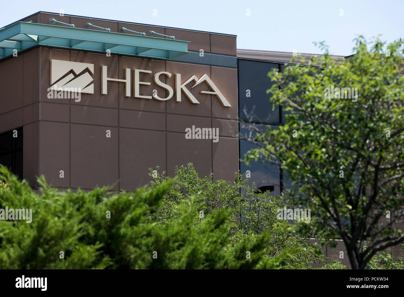 A logo sign outside of the headquarters of Heska in Loveland, Colorado ...