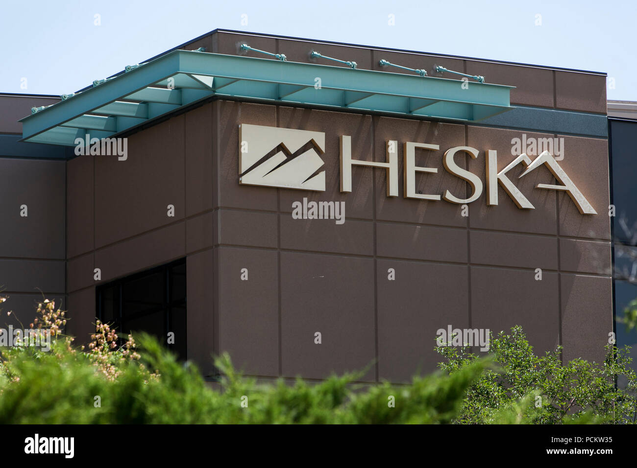 A logo sign outside of the headquarters of Heska in Loveland, Colorado ...