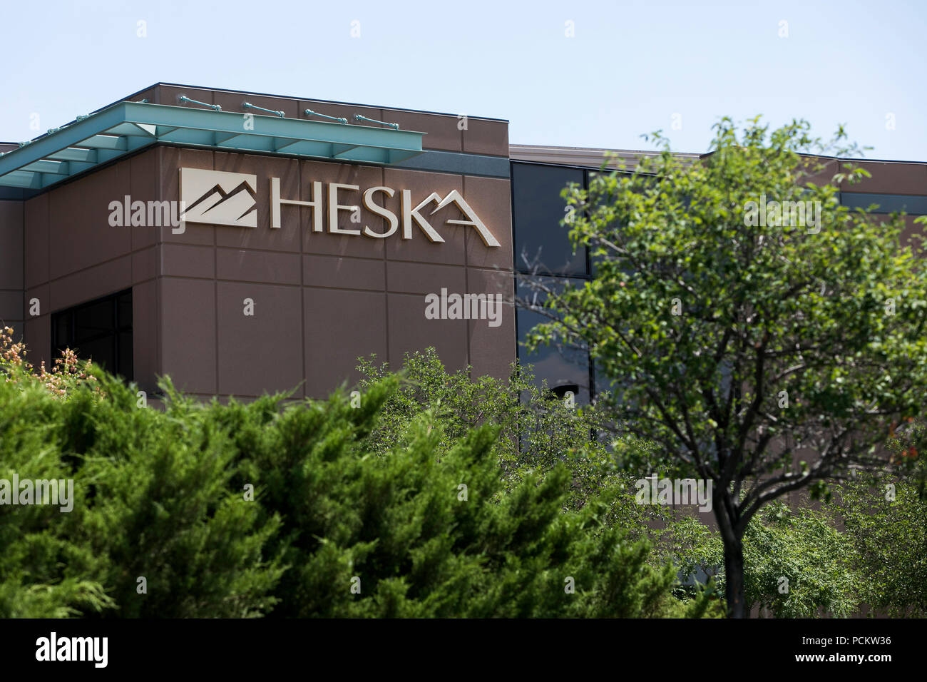 A logo sign outside of the headquarters of Heska in Loveland, Colorado ...