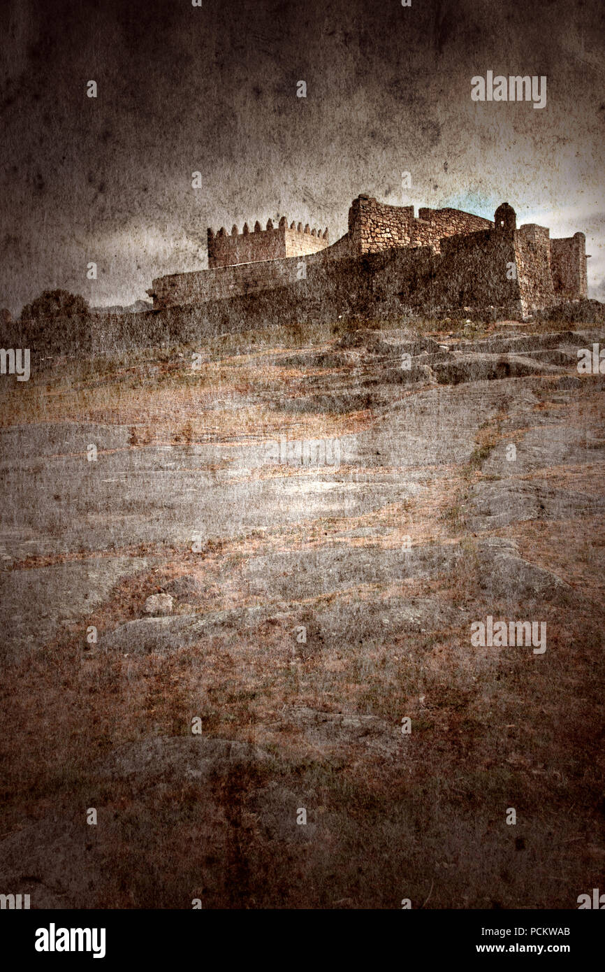 old medieval castle over grunge and textured background Stock Photo - Alamy