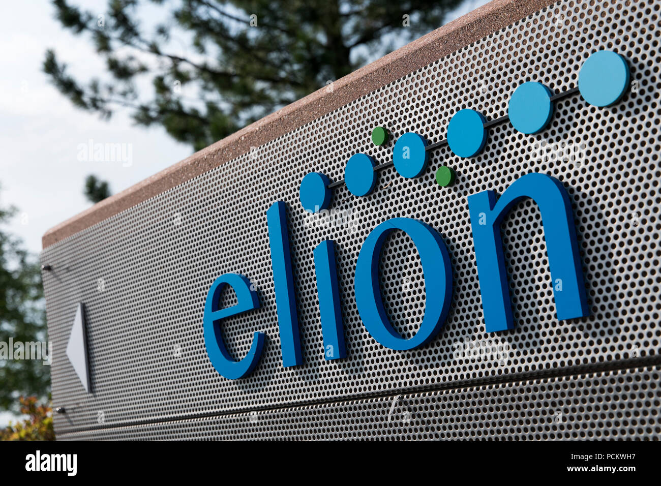 A logo sign outside of a facility occupied by Elion Labs in Louisville ...