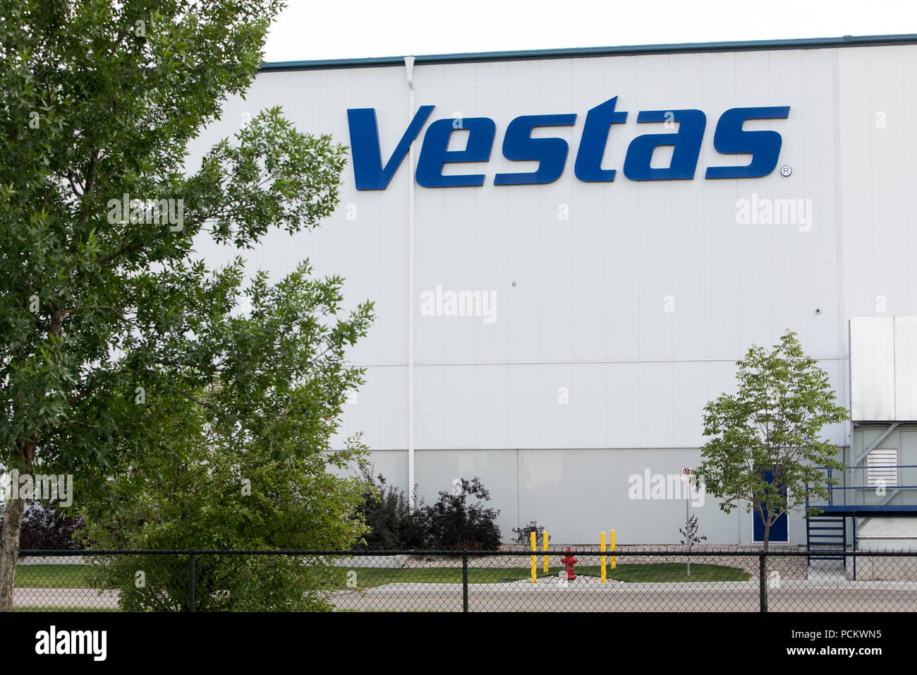 A logo sign outside of a facility occupied by Vestas Wind Systems in ...