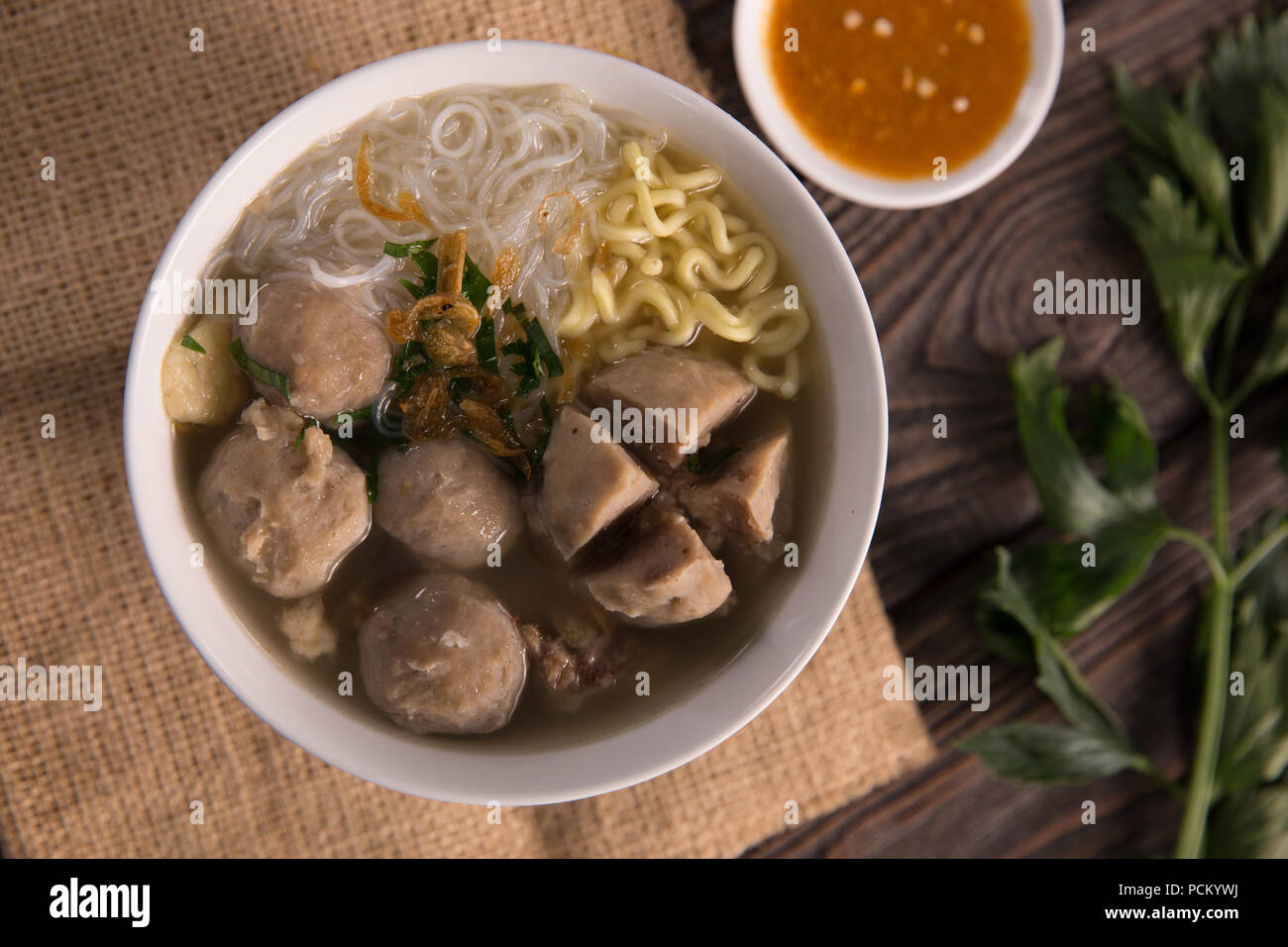 bakso. indonesian beef meatball served with noodle and tofu Stock Photo ...