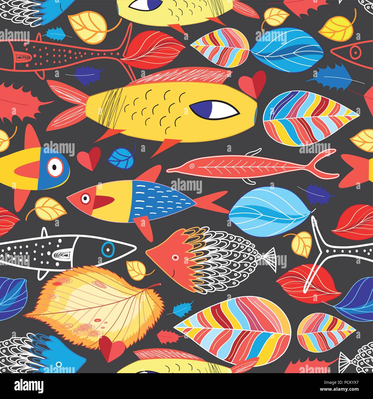 Seamless multi-colored autumn pattern of fish and foliage. Example for ...
