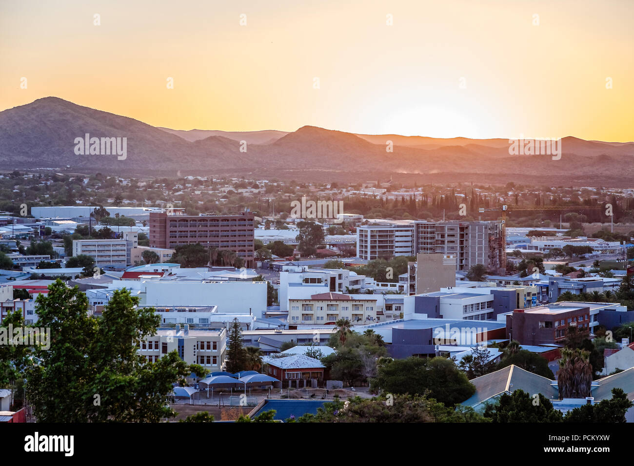 Sunset over Windhoek central business district and mountains in the ...